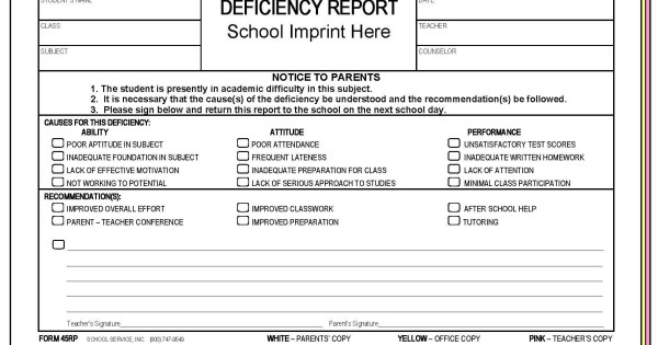 45RP - Deficiency Report (Parent's Signature) w/School Imprint