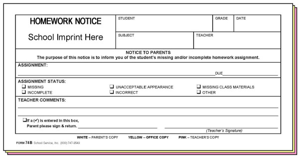 74B - Homework Notice w/School Imprint