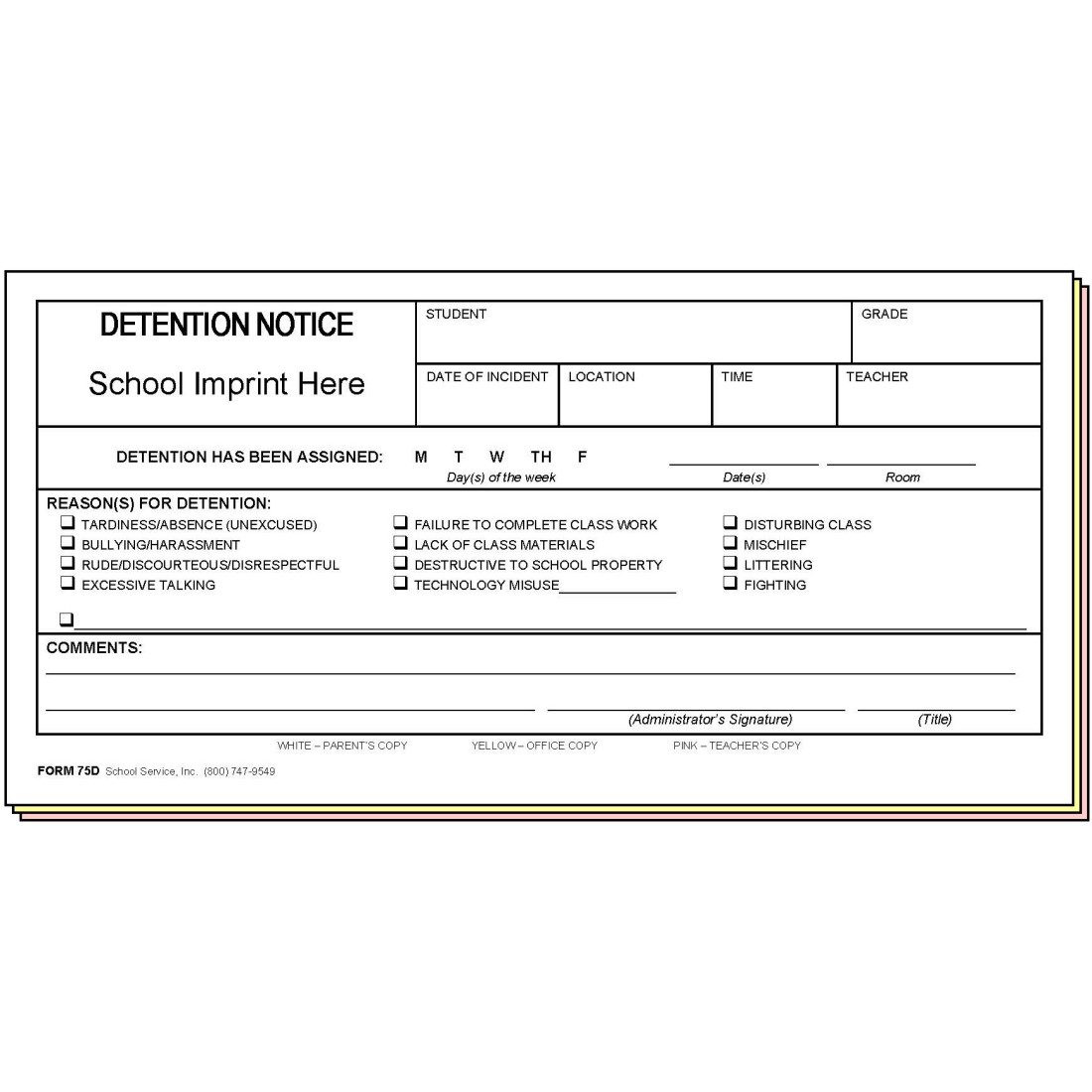 75D - Detention Notice w/School Imprint