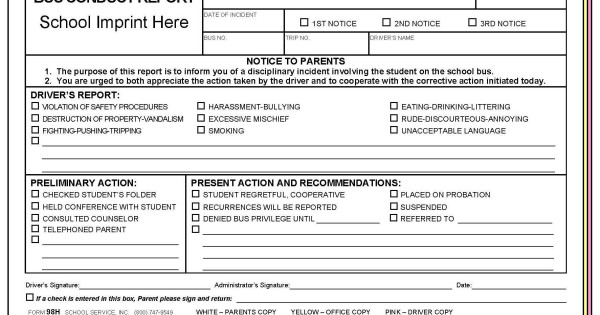98H - Bus Conduct Report w/School Imprint